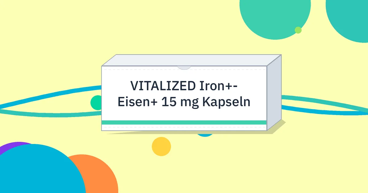 Symbolbild: Packung mit der Aufschrift VITALIZED Iron+-Eisen+ 15 mg Kapseln (PZN 19636893) – Verfügbarkeit und Bezug in Apotheken in Frankfurt am Main