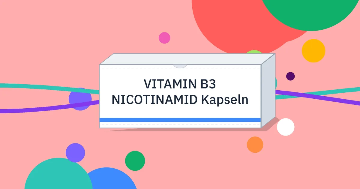 Symbolbild: Packung mit der Aufschrift VITAMIN B3 NICOTINAMID Kapseln (PZN 09460772) – Verfügbarkeit und Bezug in Apotheken in Frankfurt am Main