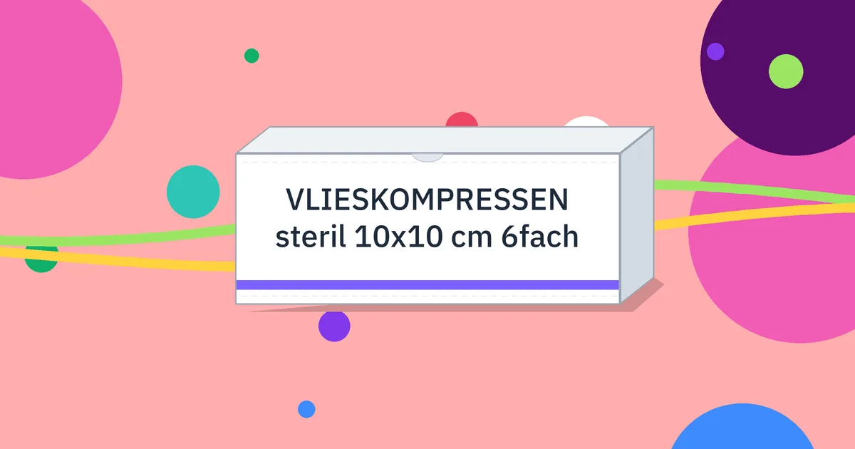 Symbolbild: Packung mit der Aufschrift VLIESKOMPRESSEN steril 10x10 cm 6fach (PZN 01330857) – Verfügbarkeit und Bezug in Apotheken in Frankfurt am Main