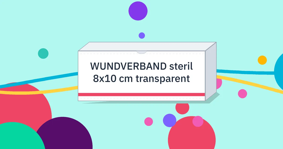 Symbolbild: Packung mit der Aufschrift WUNDVERBAND steril 8x10 cm transparent (PZN 19813616) – Verfügbarkeit und Bezug in Apotheken in Frankfurt am Main