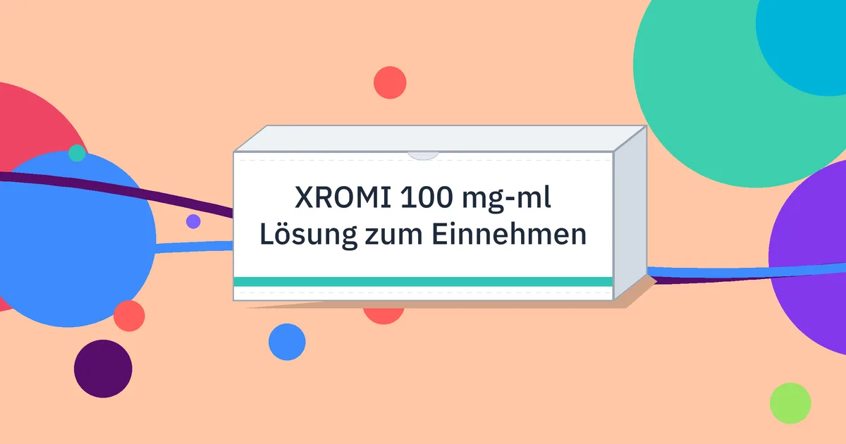 Symbolbild: Packung mit der Aufschrift XROMI 100 mg-ml Lösung zum Einnehmen (PZN 19797627) – Verfügbarkeit und Bezug in Apotheken in Frankfurt am Main