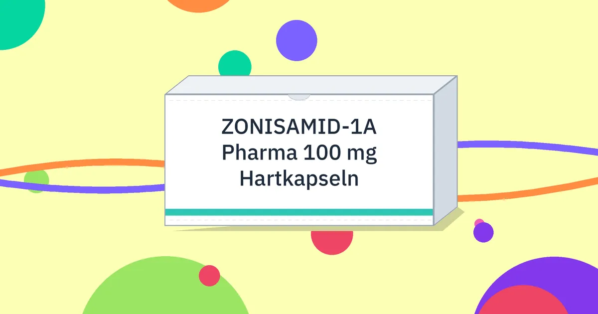 Symbolbild: Packung mit der Aufschrift ZONISAMID-1A Pharma 100 mg Hartkapseln (PZN 18031892) – Verfügbarkeit und Bezug in Apotheken in Frankfurt am Main