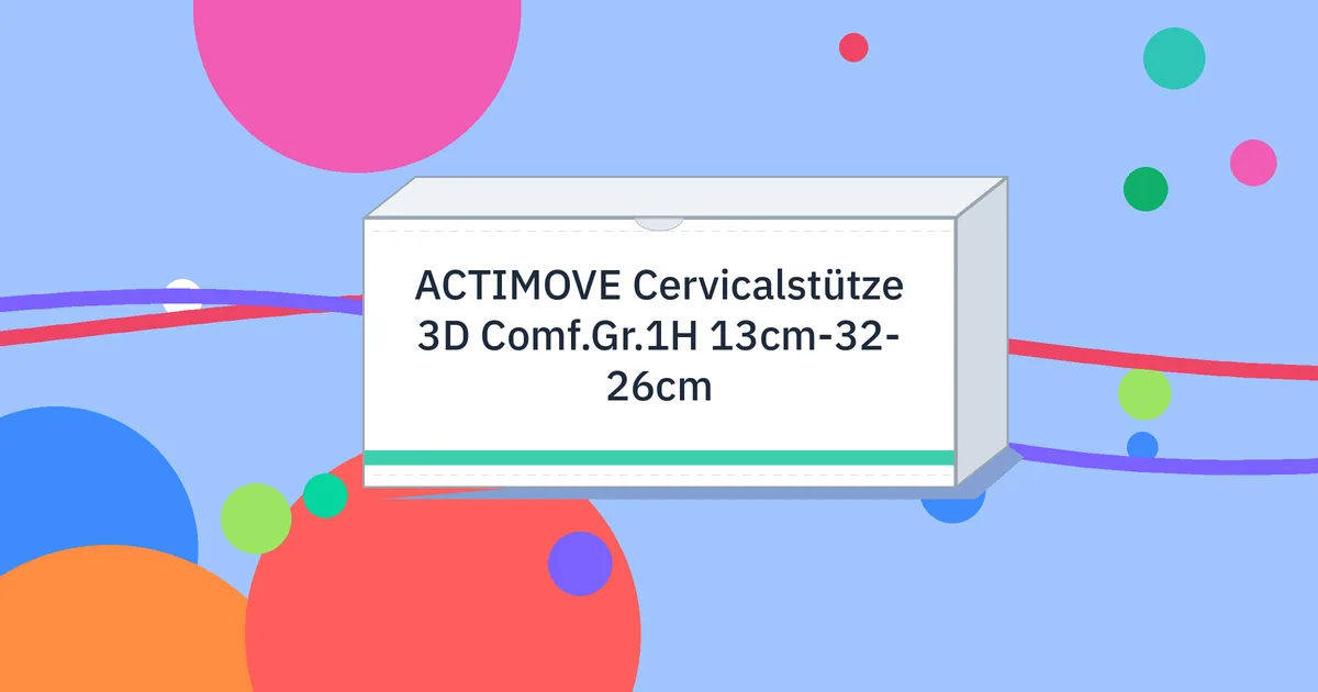 Symbolbild: Packung mit der Aufschrift ACTIMOVE Cervicalstütze 3D Comf.Gr.1H 13cm-32-26cm (PZN 17948996) – Verfügbarkeit und Bezug in Apotheken in Frankfurt am Main