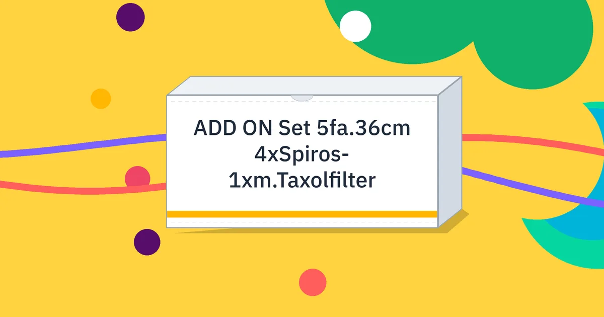 Symbolbild: Packung mit der Aufschrift ADD ON Set 5fa.36cm 4xSpiros-1xm.Taxolfilter (PZN 19443272) – Verfügbarkeit und Bezug in Apotheken in Frankfurt am Main