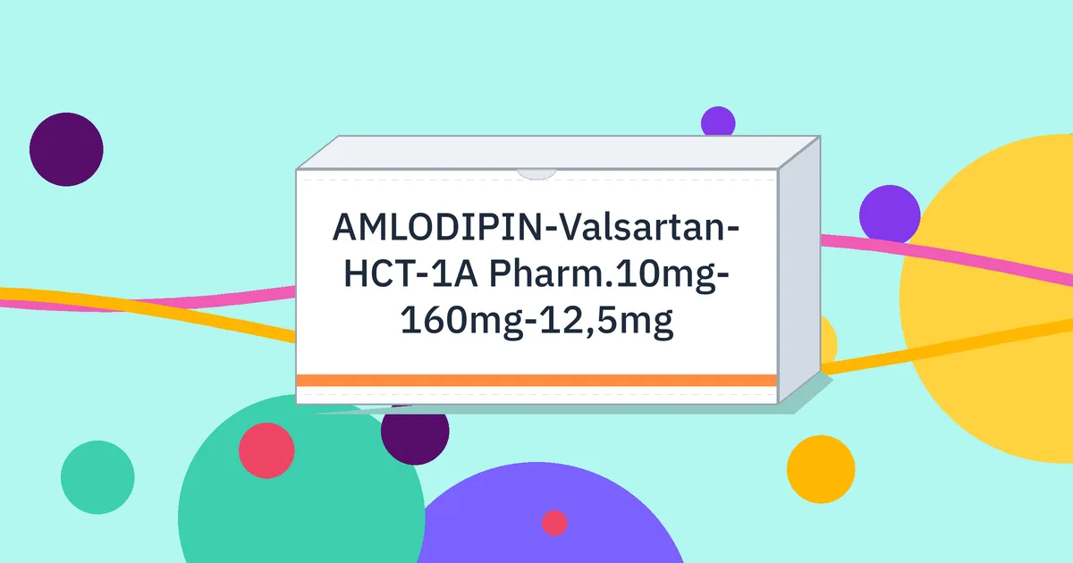 Symbolbild: Packung mit der Aufschrift AMLODIPIN-Valsartan-HCT-1A Pharm.10mg-160mg-12,5mg (PZN 16003236) – Verfügbarkeit und Bezug in Apotheken in Frankfurt am Main