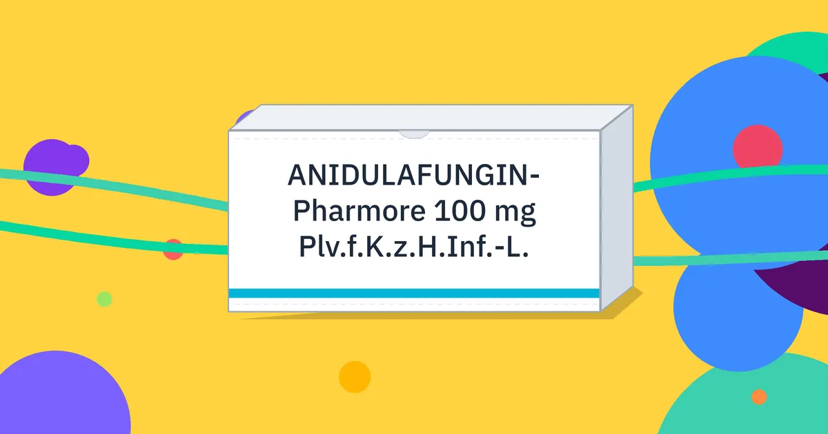 Symbolbild: Packung mit der Aufschrift ANIDULAFUNGIN-Pharmore 100 mg Plv.f.K.z.H.Inf.-L. (PZN 14370025) – Verfügbarkeit und Bezug in Apotheken in Frankfurt am Main