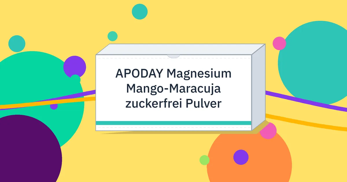 Symbolbild: Packung mit der Aufschrift APODAY Magnesium Mango-Maracuja zuckerfrei Pulver (PZN 11694388) – Verfügbarkeit und Bezug in Apotheken in Frankfurt am Main