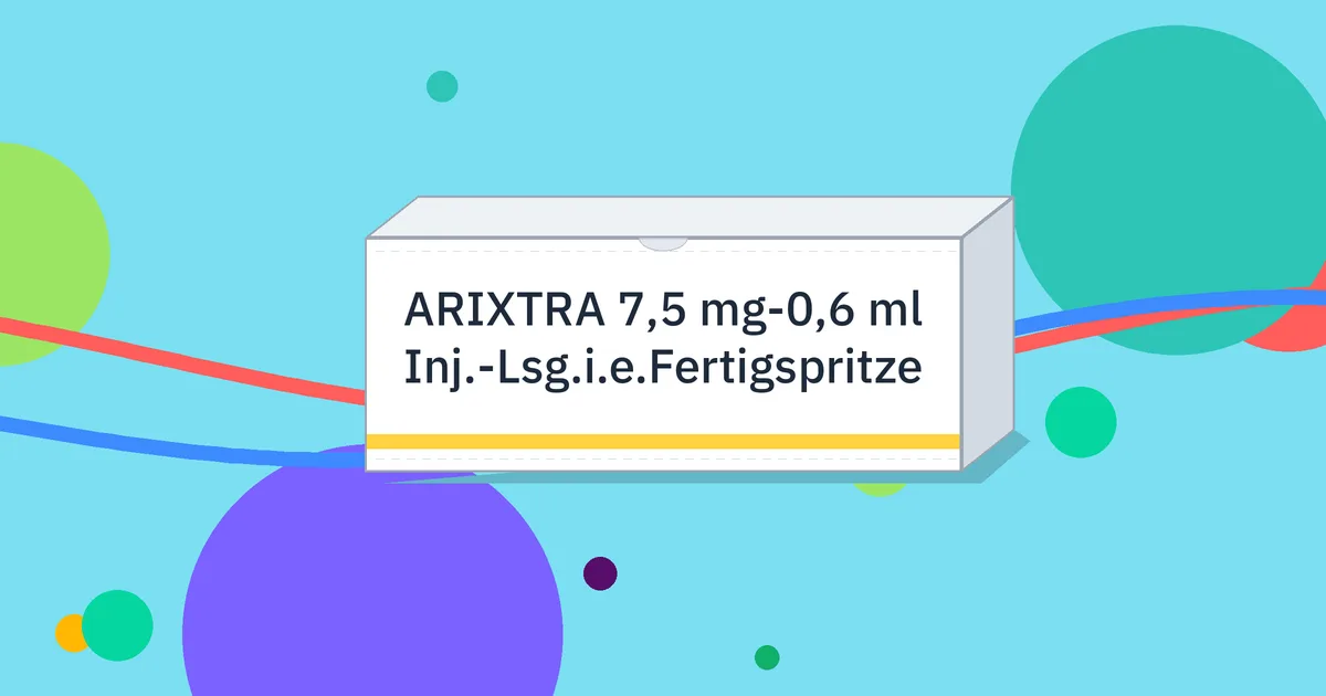 Symbolbild: Packung mit der Aufschrift ARIXTRA 7,5 mg-0,6 ml Inj.-Lsg.i.e.Fertigspritze (PZN 16741431) – Verfügbarkeit und Bezug in Apotheken in Frankfurt am Main