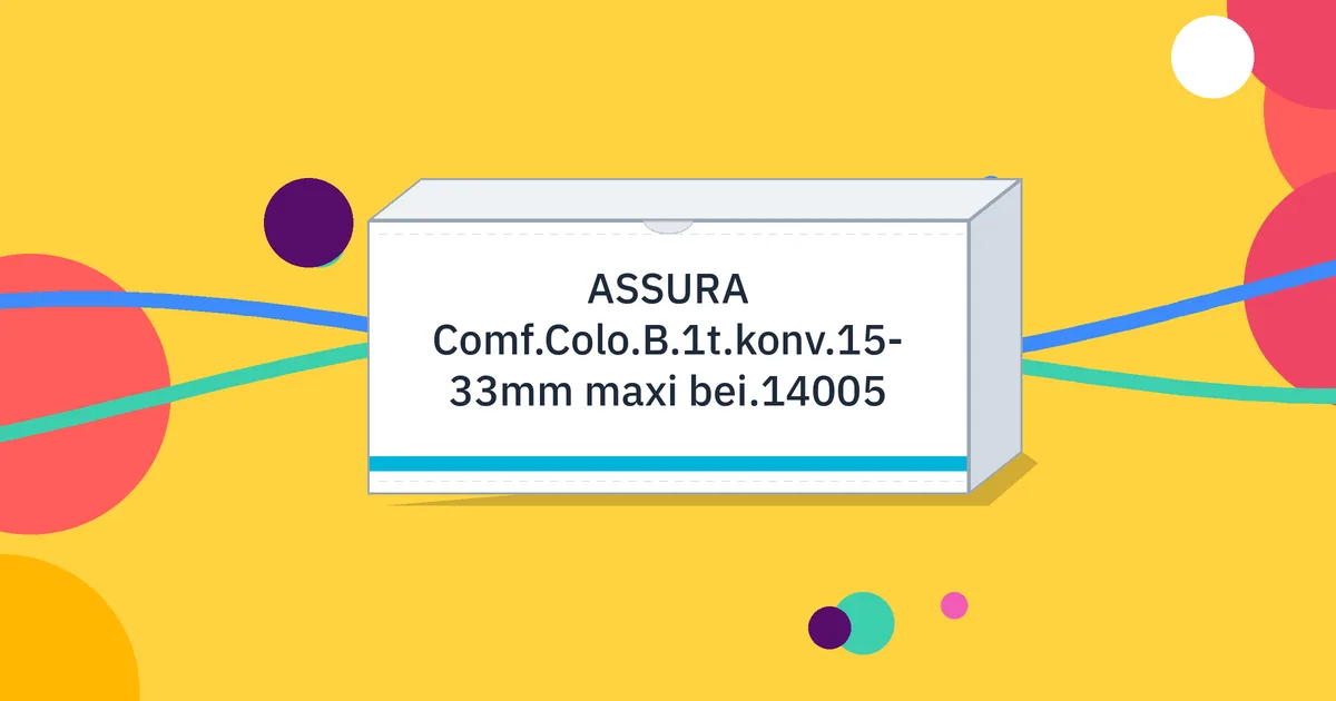 Symbolbild: Packung mit der Aufschrift ASSURA Comf.Colo.B.1t.konv.15-33mm maxi bei.14005 (PZN 01689699) – Verfügbarkeit und Bezug in Apotheken in Frankfurt am Main