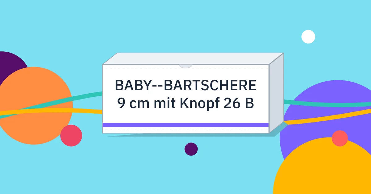 Symbolbild: Packung mit der Aufschrift BABY--BARTSCHERE 9 cm mit Knopf 26 B (PZN 19283408) – Verfügbarkeit und Bezug in Apotheken in Frankfurt am Main