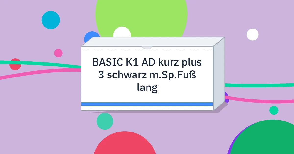 Symbolbild: Packung mit der Aufschrift BASIC K1 AD kurz plus 3 schwarz m.Sp.Fuß lang (PZN 20257847) – Verfügbarkeit und Bezug in Apotheken in Frankfurt am Main