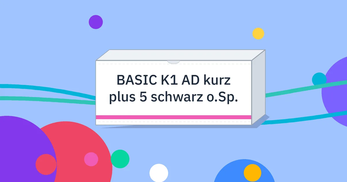 Symbolbild: Packung mit der Aufschrift BASIC K1 AD kurz plus 5 schwarz o.Sp. (PZN 20258717) – Verfügbarkeit und Bezug in Apotheken in Frankfurt am Main