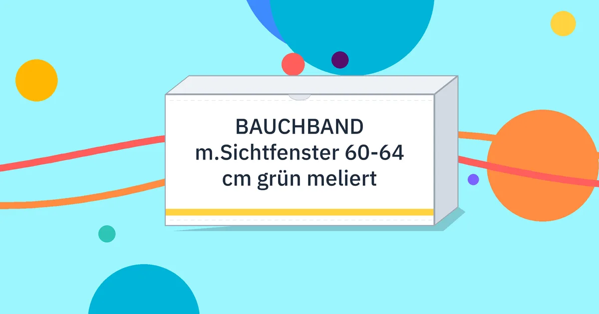 Symbolbild: Packung mit der Aufschrift BAUCHBAND m.Sichtfenster 60-64 cm grün meliert (PZN 13917303) – Verfügbarkeit und Bezug in Apotheken in Frankfurt am Main