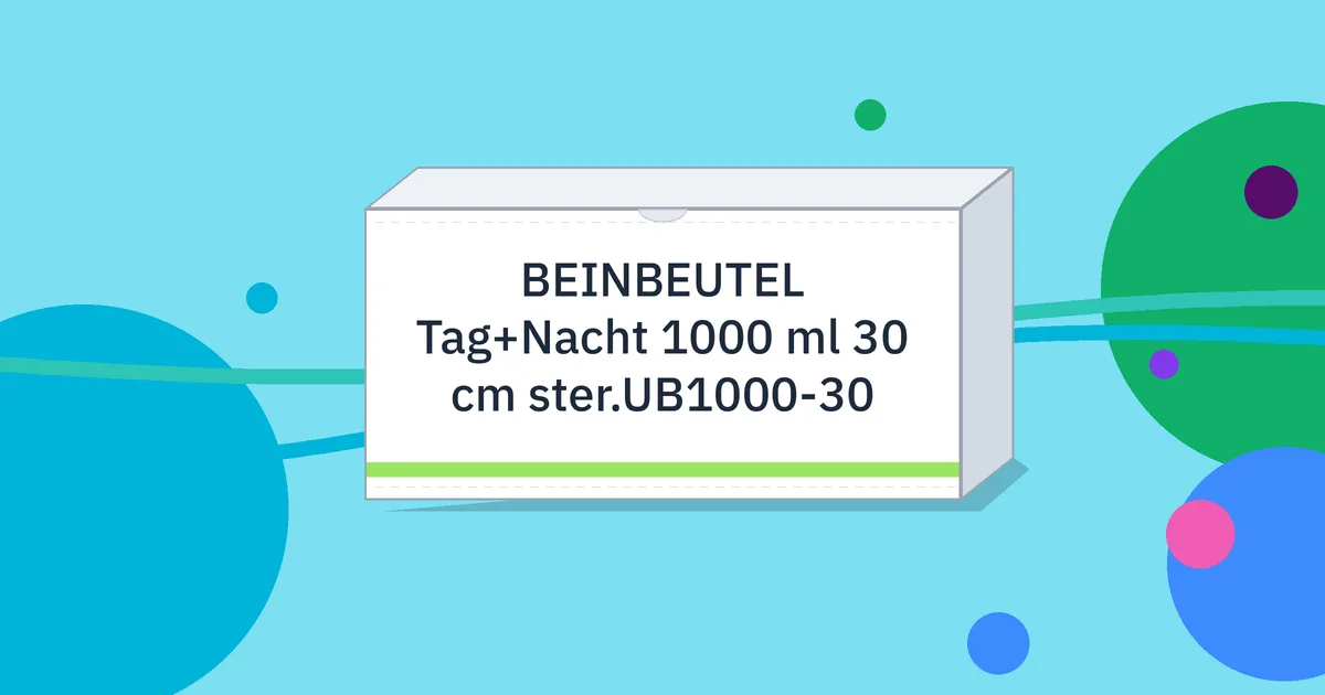 Symbolbild: Packung mit der Aufschrift BEINBEUTEL Tag+Nacht 1000 ml 30 cm ster.UB1000-30 (PZN 18201526) – Verfügbarkeit und Bezug in Apotheken in Frankfurt am Main