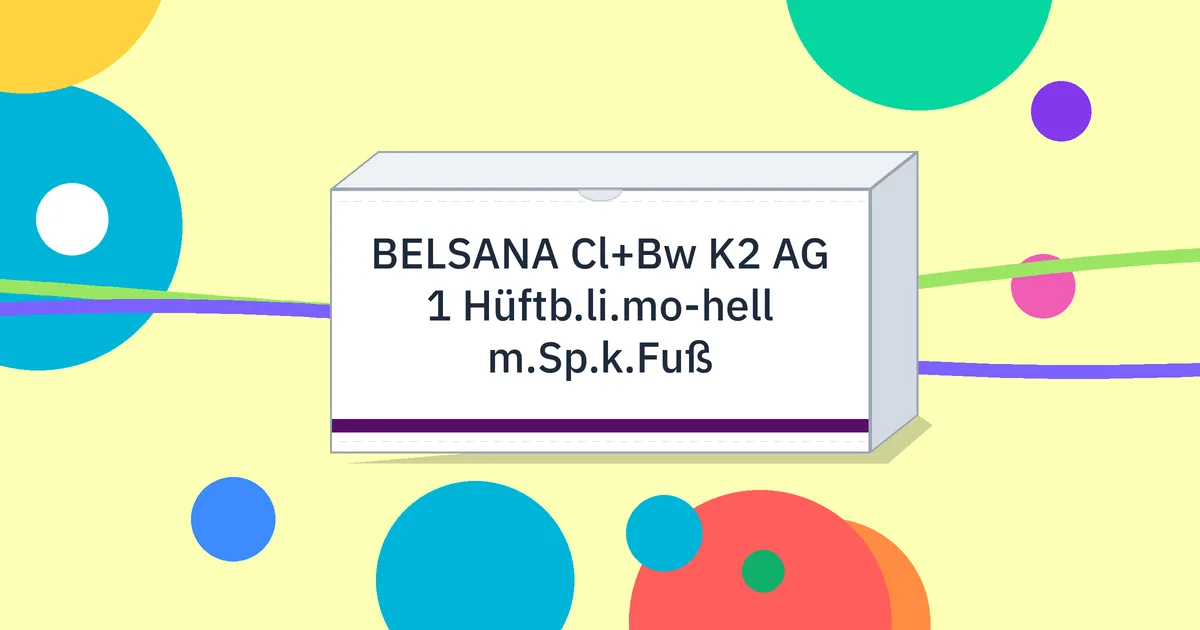 Symbolbild: Packung mit der Aufschrift BELSANA Cl+Bw K2 AG 1 Hüftb.li.mo-hell m.Sp.k.Fuß (PZN 12253864) – Verfügbarkeit und Bezug in Apotheken in Frankfurt am Main