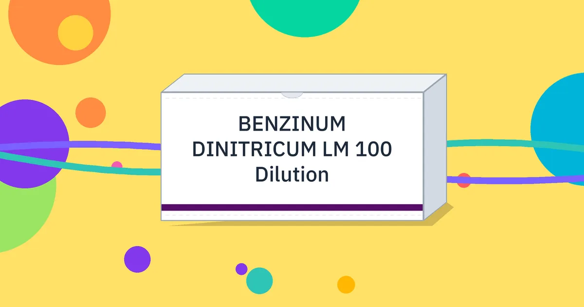 Symbolbild: Packung mit der Aufschrift BENZINUM DINITRICUM LM 100 Dilution (PZN 13382782) – Verfügbarkeit und Bezug in Apotheken in Frankfurt am Main