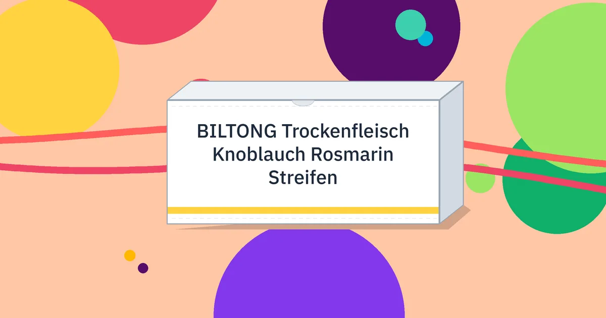 Symbolbild: Packung mit der Aufschrift BILTONG Trockenfleisch Knoblauch Rosmarin Streifen (PZN 19665794) – Verfügbarkeit und Bezug in Apotheken in Frankfurt am Main