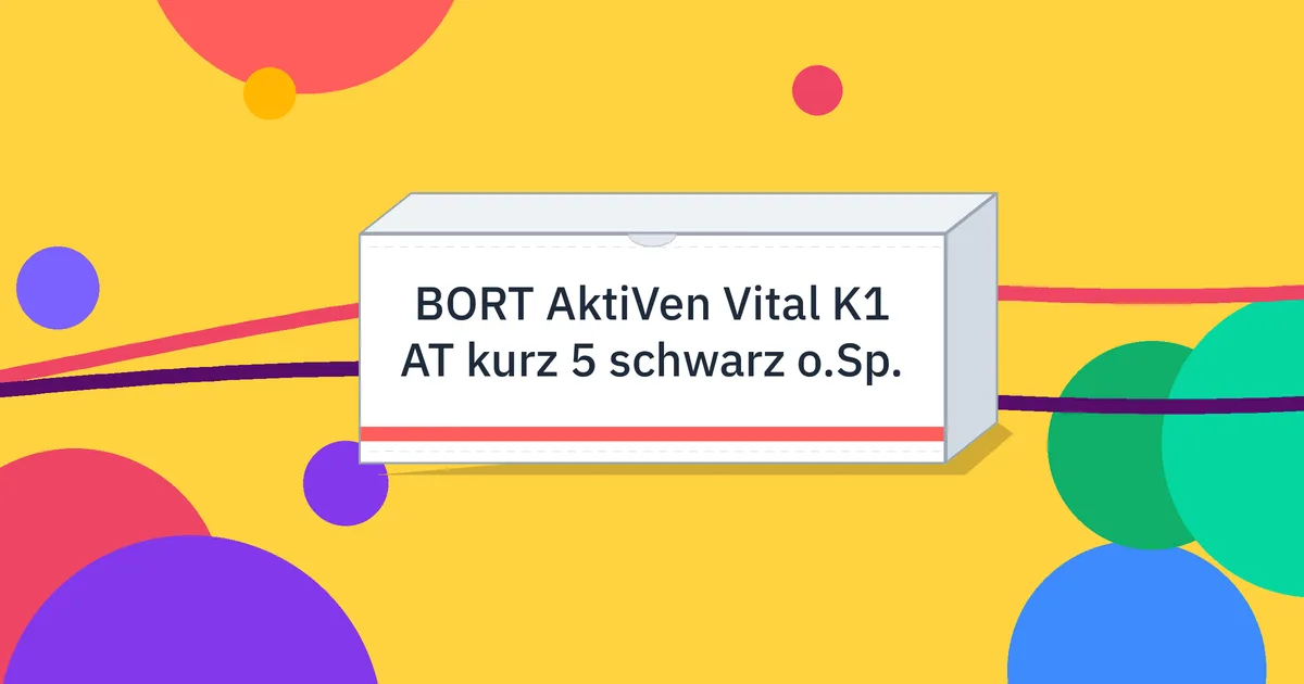Symbolbild: Packung mit der Aufschrift BORT AktiVen Vital K1 AT kurz 5 schwarz o.Sp. (PZN 13739770) – Verfügbarkeit und Bezug in Apotheken in Frankfurt am Main