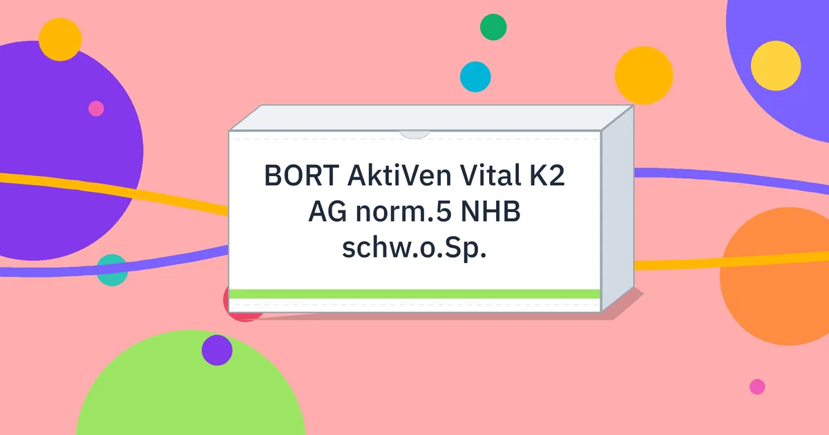 Symbolbild: Packung mit der Aufschrift BORT AktiVen Vital K2 AG norm.5 NHB schw.o.Sp. (PZN 12384678) – Verfügbarkeit und Bezug in Apotheken in Frankfurt am Main