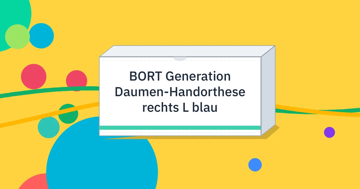 Symbolbild: Packung mit der Aufschrift BORT Generation Daumen-Handorthese rechts L blau (PZN 13911654) – Verfügbarkeit und Bezug in Apotheken in Frankfurt am Main