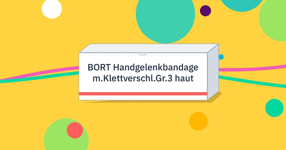 Symbolbild: Packung mit der Aufschrift BORT Handgelenkbandage m.Klettverschl.Gr.3 haut (PZN 03812922) – Verfügbarkeit und Bezug in Apotheken in Frankfurt am Main