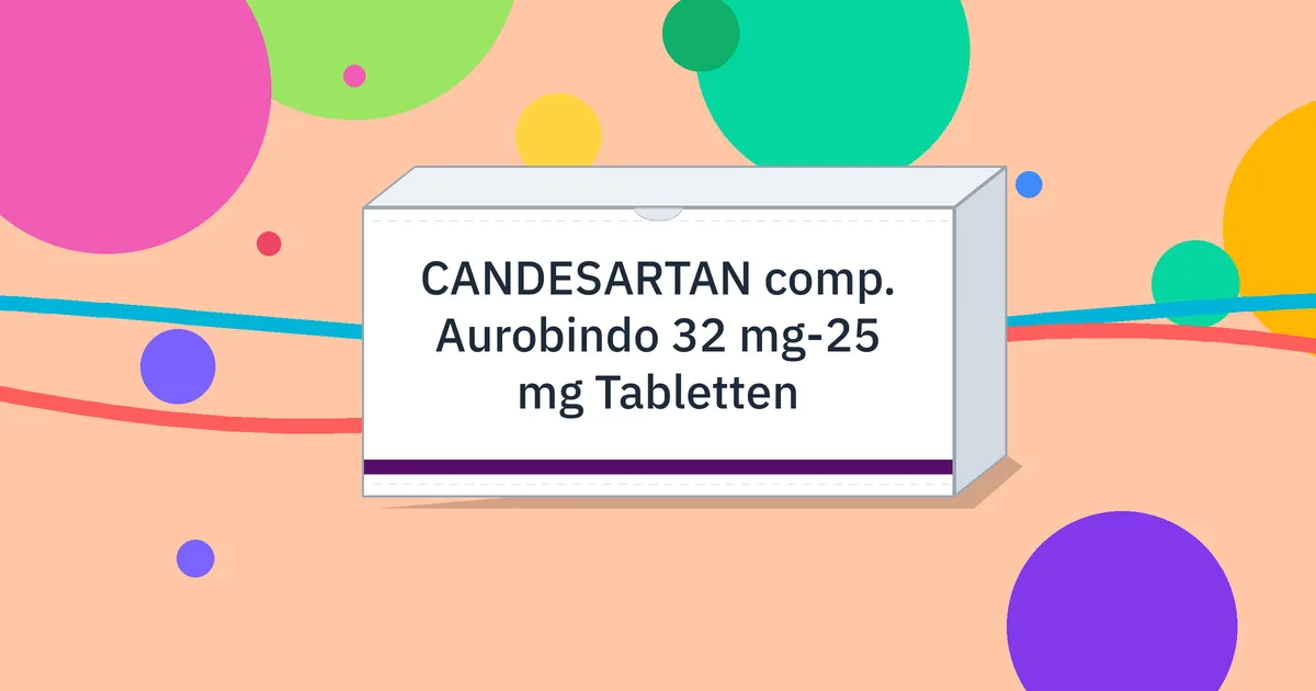Symbolbild: Packung mit der Aufschrift CANDESARTAN comp. Aurobindo 32 mg-25 mg Tabletten (PZN 11172744) – Verfügbarkeit und Bezug in Apotheken in Frankfurt am Main