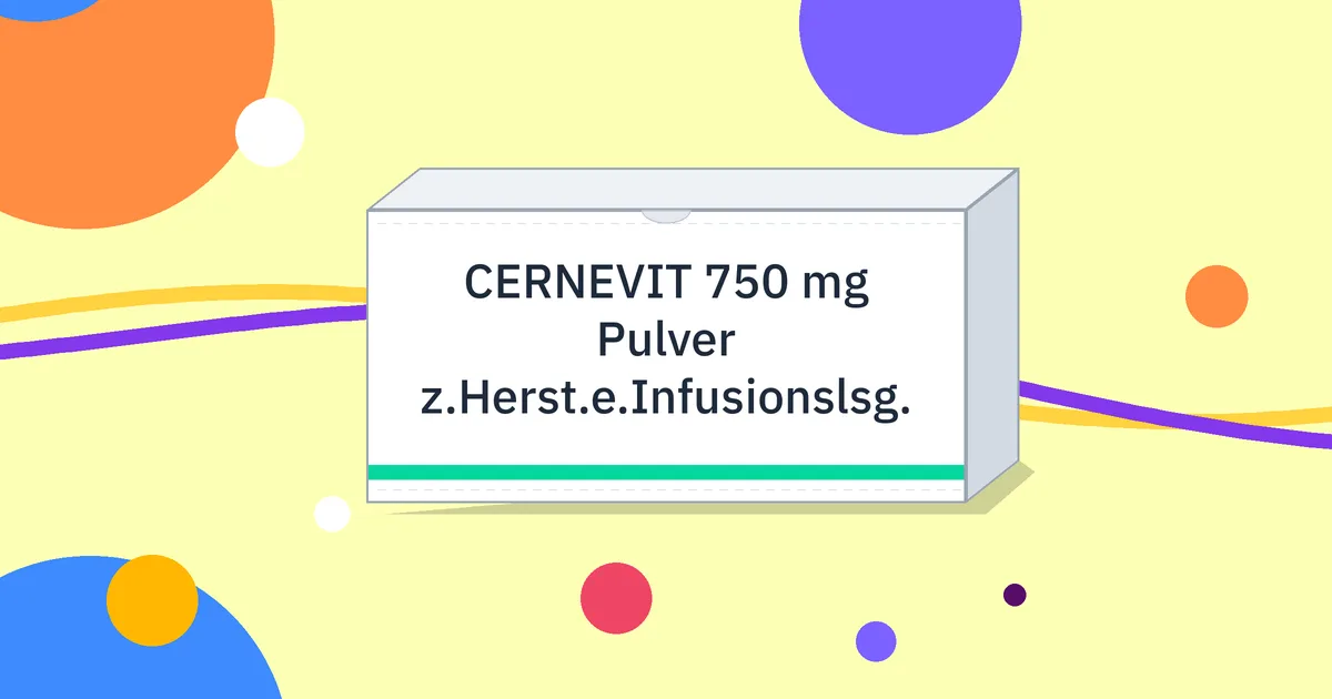 Symbolbild: Packung mit der Aufschrift CERNEVIT 750 mg Pulver z.Herst.e.Infusionslsg. (PZN 07288292) – Verfügbarkeit und Bezug in Apotheken in Frankfurt am Main