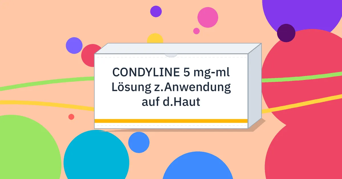 Symbolbild: Packung mit der Aufschrift CONDYLINE 5 mg-ml Lösung z.Anwendung auf d.Haut (PZN 19457854) – Verfügbarkeit und Bezug in Apotheken in Frankfurt am Main