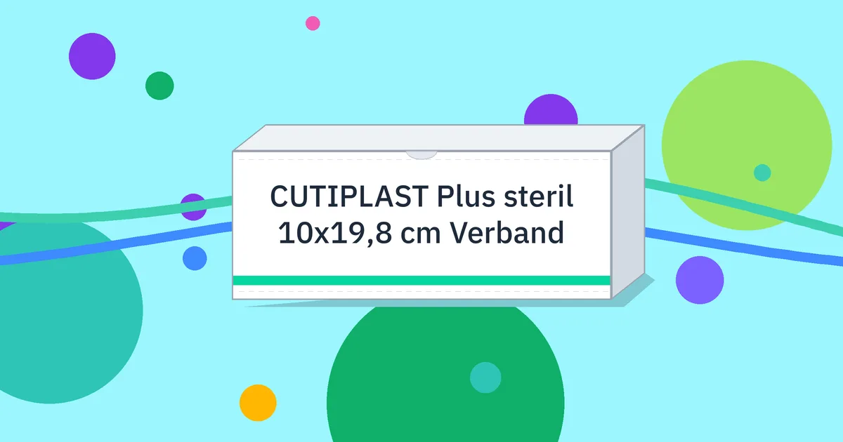 Symbolbild: Packung mit der Aufschrift CUTIPLAST Plus steril 10x19,8 cm Verband (PZN 17434062) – Verfügbarkeit und Bezug in Apotheken in Frankfurt am Main