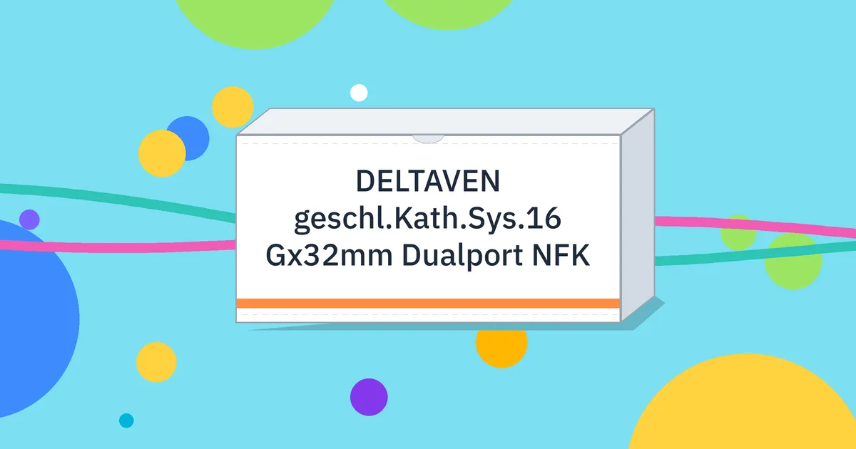 Symbolbild: Packung mit der Aufschrift DELTAVEN geschl.Kath.Sys.16 Gx32mm Dualport NFK (PZN 13977802) – Verfügbarkeit und Bezug in Apotheken in Frankfurt am Main