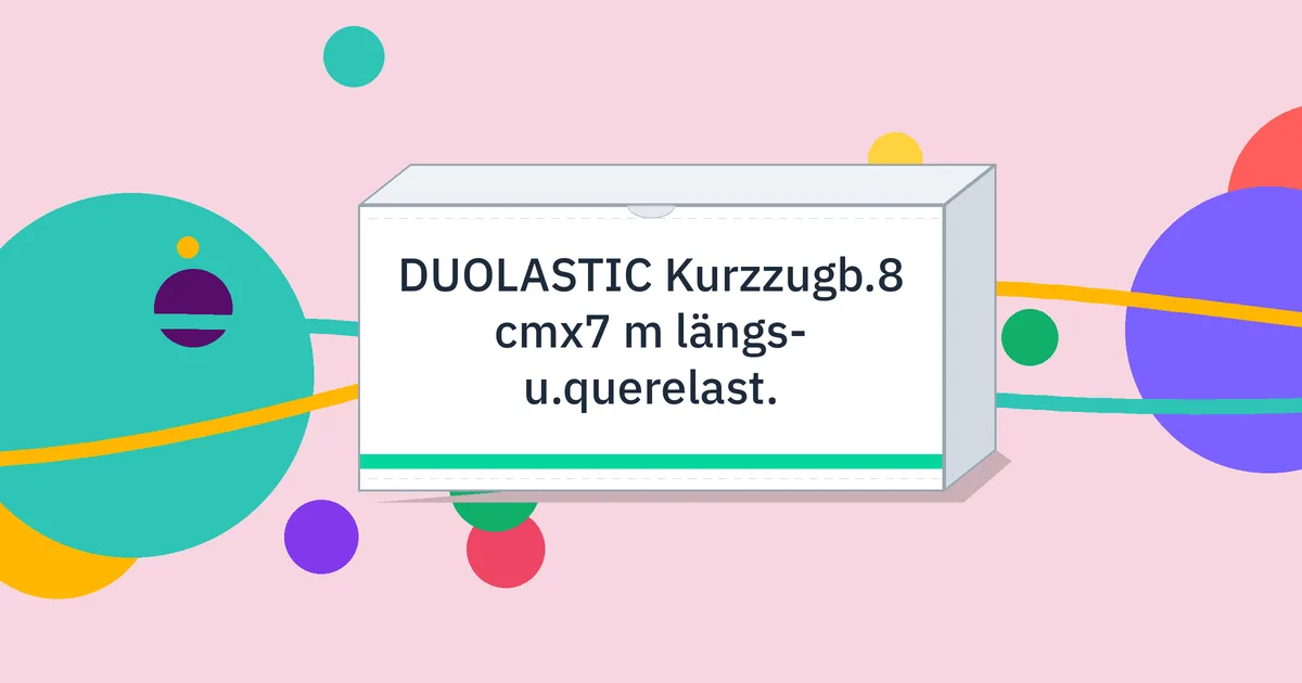 Symbolbild: Packung mit der Aufschrift DUOLASTIC Kurzzugb.8 cmx7 m längs-u.querelast. (PZN 05549794) – Verfügbarkeit und Bezug in Apotheken in Frankfurt am Main