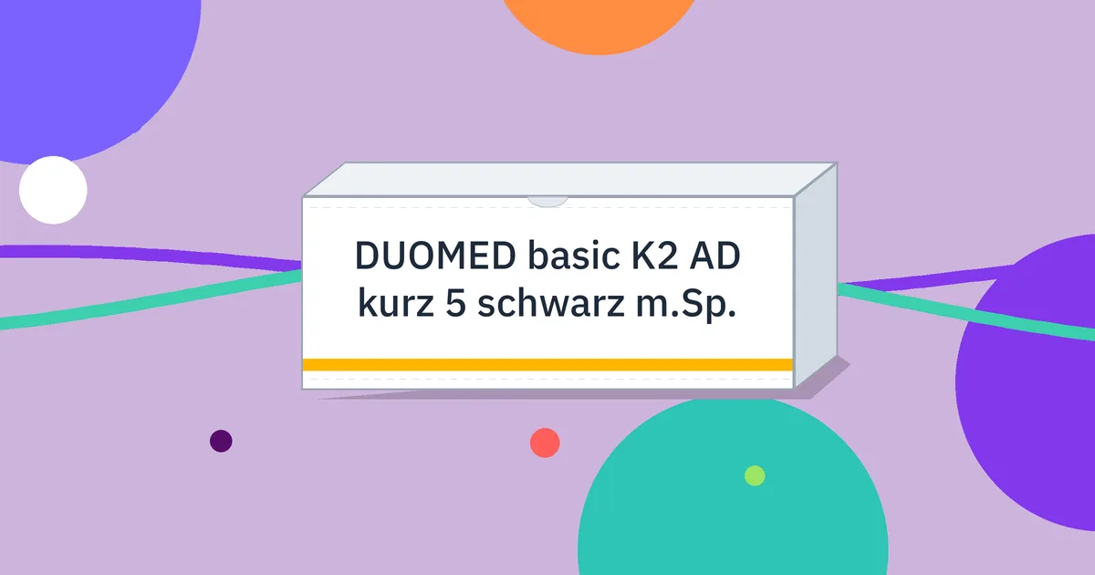 Symbolbild: Packung mit der Aufschrift DUOMED basic K2 AD kurz 5 schwarz m.Sp. (PZN 20907564) – Verfügbarkeit und Bezug in Apotheken in Frankfurt am Main