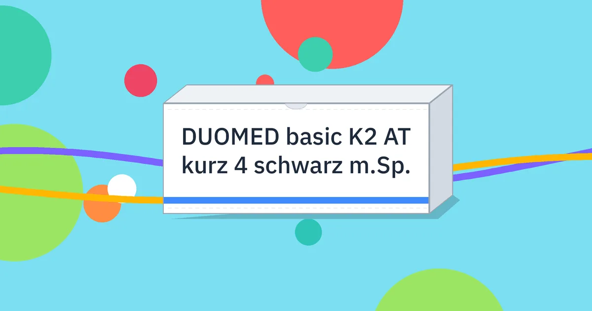 Symbolbild: Packung mit der Aufschrift DUOMED basic K2 AT kurz 4 schwarz m.Sp. (PZN 20906530) – Verfügbarkeit und Bezug in Apotheken in Frankfurt am Main