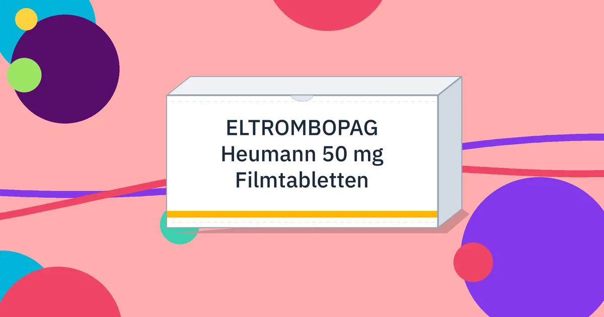 Symbolbild: Packung mit der Aufschrift ELTROMBOPAG Heumann 50 mg Filmtabletten (PZN 19421218) – Verfügbarkeit und Bezug in Apotheken in Frankfurt am Main
