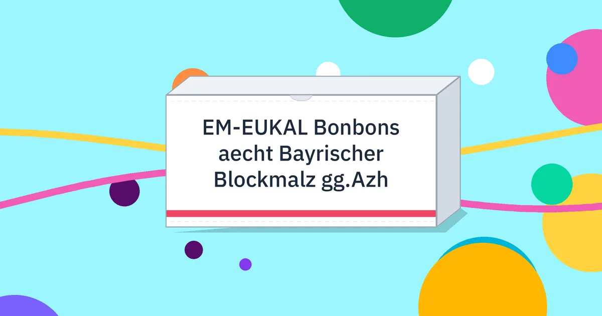 Symbolbild: Packung mit der Aufschrift EM-EUKAL Bonbons aecht Bayrischer Blockmalz gg.Azh (PZN 17292780) – Verfügbarkeit und Bezug in Apotheken in Frankfurt am Main