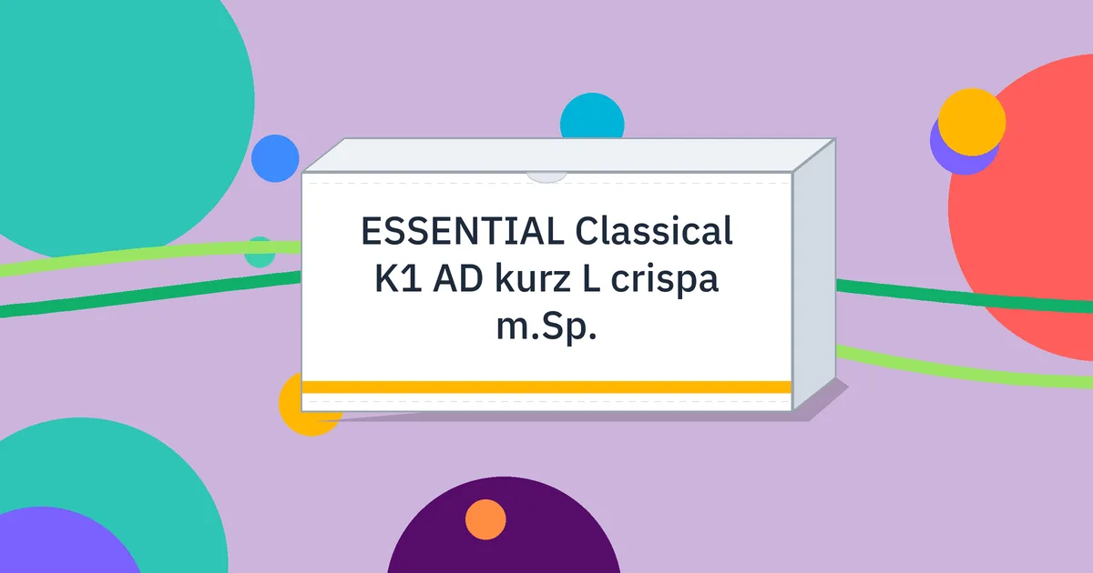 Symbolbild: Packung mit der Aufschrift ESSENTIAL Classical K1 AD kurz L crispa m.Sp. (PZN 16999980) – Verfügbarkeit und Bezug in Apotheken in Frankfurt am Main