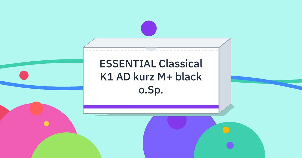Symbolbild: Packung mit der Aufschrift ESSENTIAL Classical K1 AD kurz M+ black o.Sp. (PZN 17004226) – Verfügbarkeit und Bezug in Apotheken in Frankfurt am Main
