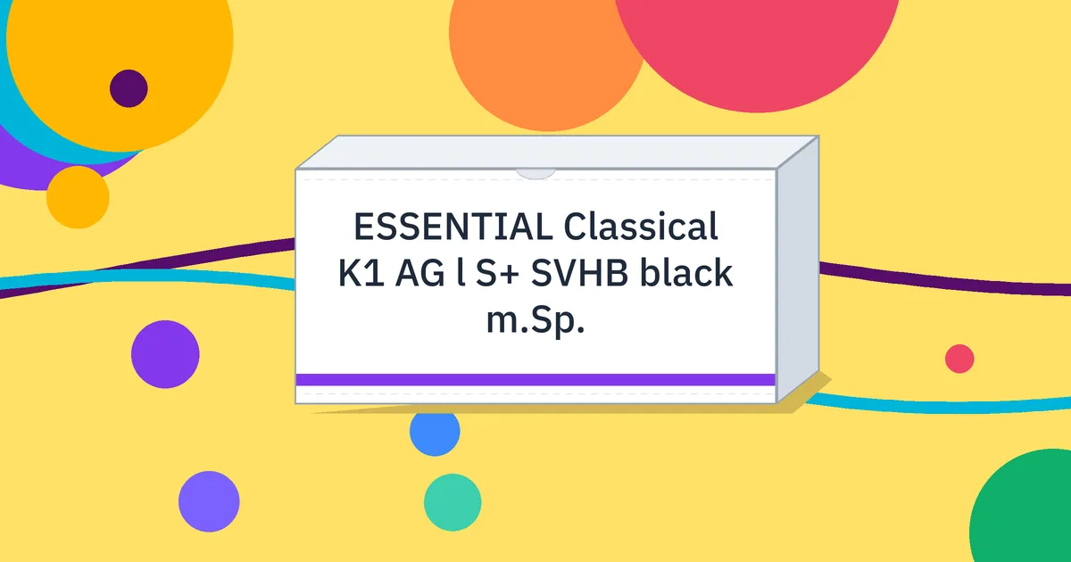 Symbolbild: Packung mit der Aufschrift ESSENTIAL Classical K1 AG l S+ SVHB black m.Sp. (PZN 18421133) – Verfügbarkeit und Bezug in Apotheken in Frankfurt am Main