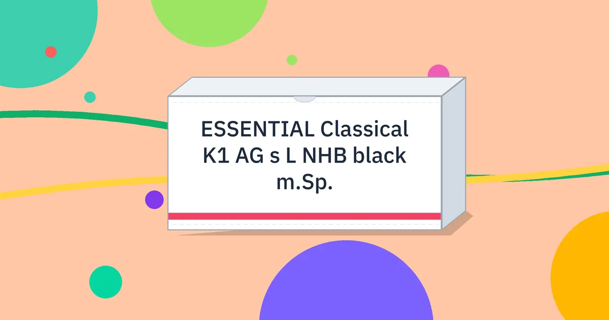 Symbolbild: Packung mit der Aufschrift ESSENTIAL Classical K1 AG s L NHB black m.Sp. (PZN 17002575) – Verfügbarkeit und Bezug in Apotheken in Frankfurt am Main