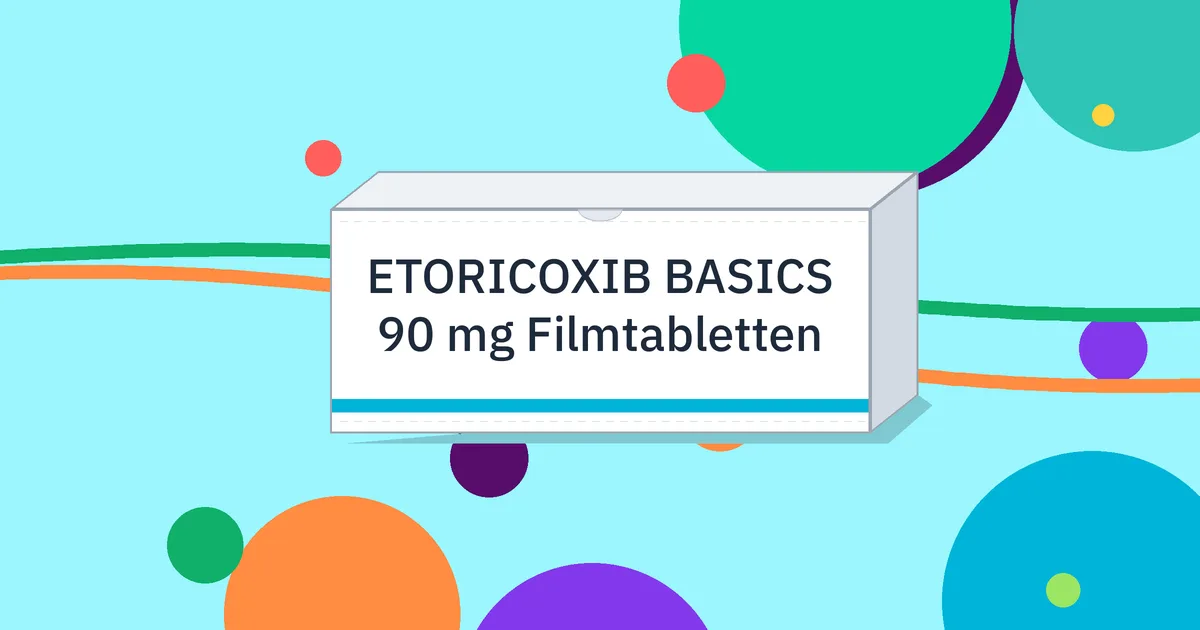 Symbolbild: Packung mit der Aufschrift ETORICOXIB BASICS 90 mg Filmtabletten (PZN 13153142) – Verfügbarkeit und Bezug in Apotheken in Frankfurt am Main