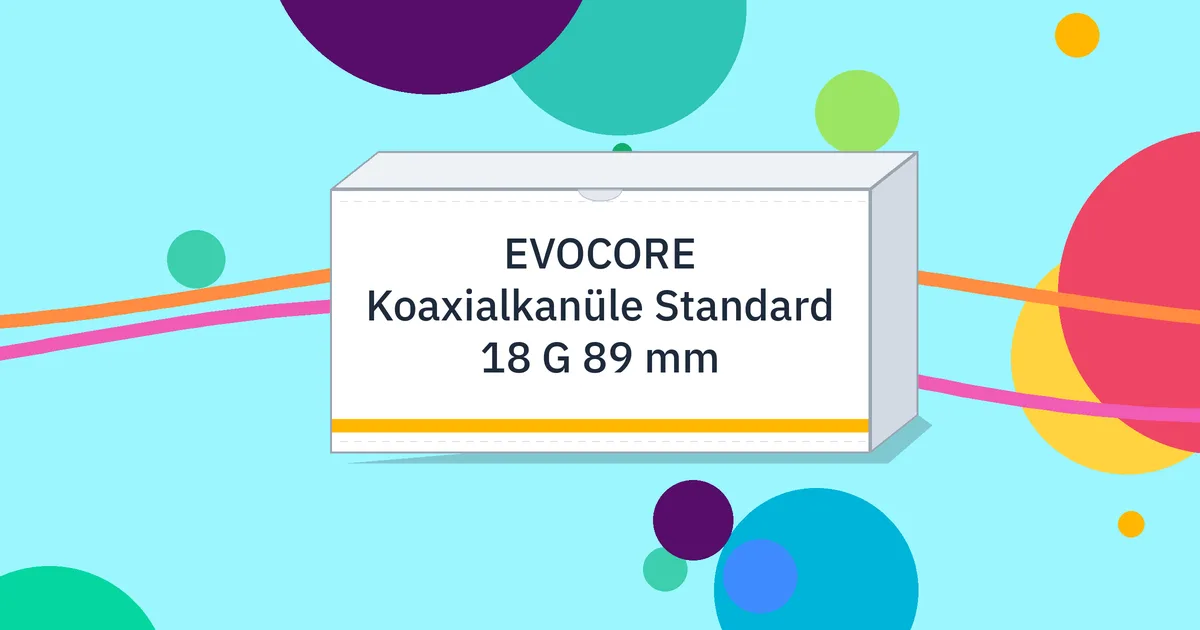 Symbolbild: Packung mit der Aufschrift EVOCORE Koaxialkanüle Standard 18 G 89 mm (PZN 11655684) – Verfügbarkeit und Bezug in Apotheken in Frankfurt am Main