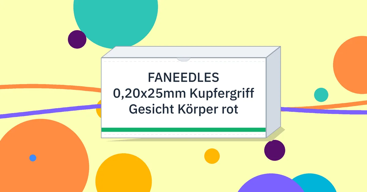 Symbolbild: Packung mit der Aufschrift FANEEDLES 0,20x25mm Kupfergriff Gesicht Körper rot (PZN 20044778) – Verfügbarkeit und Bezug in Apotheken in Frankfurt am Main