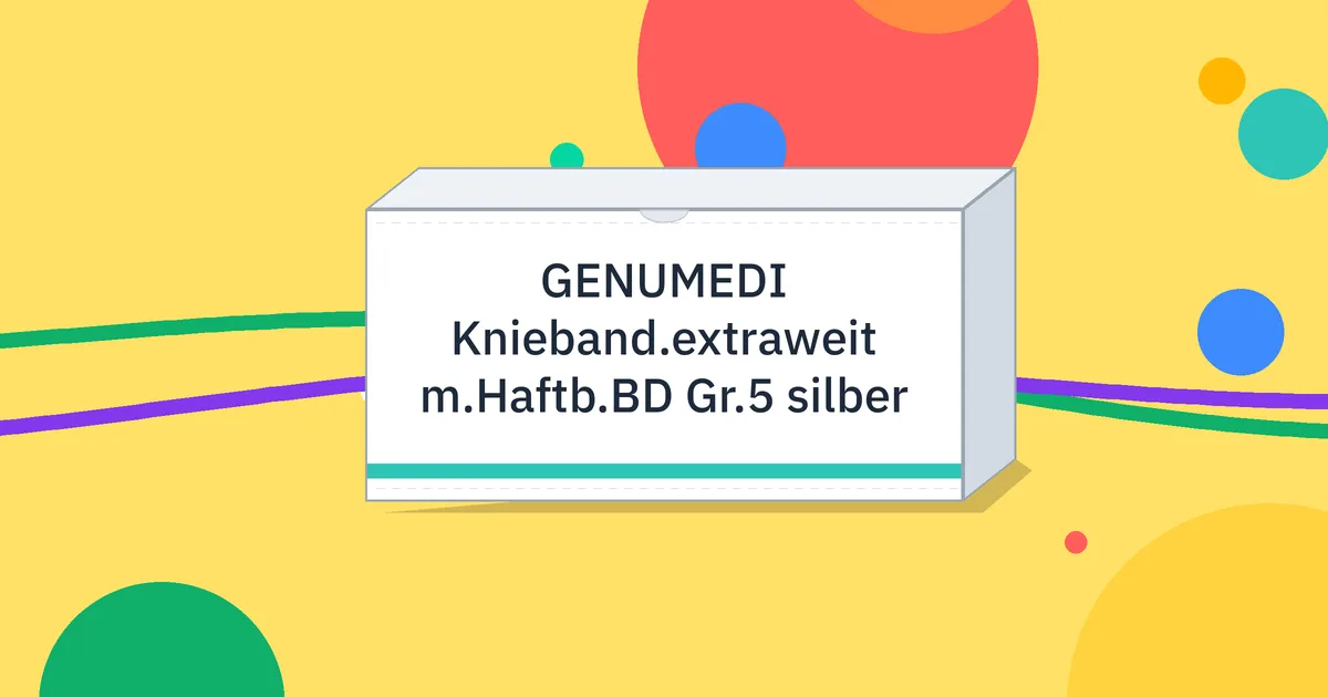 Symbolbild: Packung mit der Aufschrift GENUMEDI Knieband.extraweit m.Haftb.BD Gr.5 silber (PZN 18779751) – Verfügbarkeit und Bezug in Apotheken in Frankfurt am Main
