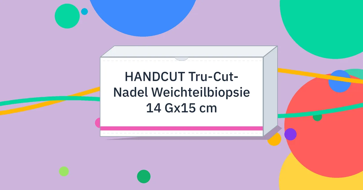 Symbolbild: Packung mit der Aufschrift HANDCUT Tru-Cut-Nadel Weichteilbiopsie 14 Gx15 cm (PZN 19736330) – Verfügbarkeit und Bezug in Apotheken in Frankfurt am Main