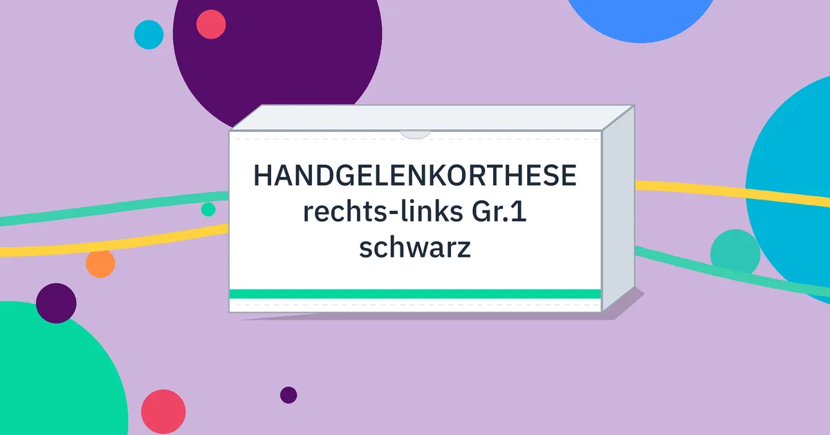 Symbolbild: Packung mit der Aufschrift HANDGELENKORTHESE rechts-links Gr.1 schwarz (PZN 13827072) – Verfügbarkeit und Bezug in Apotheken in Frankfurt am Main