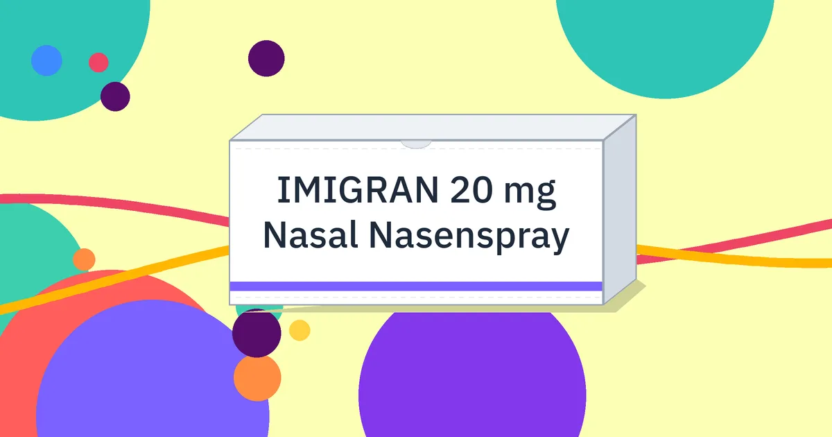 Symbolbild: Packung mit der Aufschrift IMIGRAN 20 mg Nasal Nasenspray (PZN 19636640) – Verfügbarkeit und Bezug in Apotheken in Frankfurt am Main