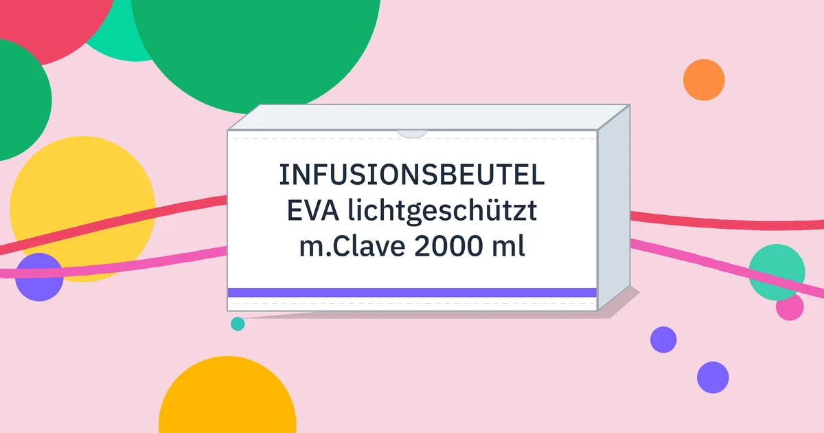 Symbolbild: Packung mit der Aufschrift INFUSIONSBEUTEL EVA lichtgeschützt m.Clave 2000 ml (PZN 12572954) – Verfügbarkeit und Bezug in Apotheken in Frankfurt am Main