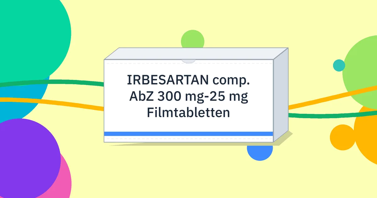 Symbolbild: Packung mit der Aufschrift IRBESARTAN comp. AbZ 300 mg-25 mg Filmtabletten (PZN 09536216) – Verfügbarkeit und Bezug in Apotheken in Frankfurt am Main