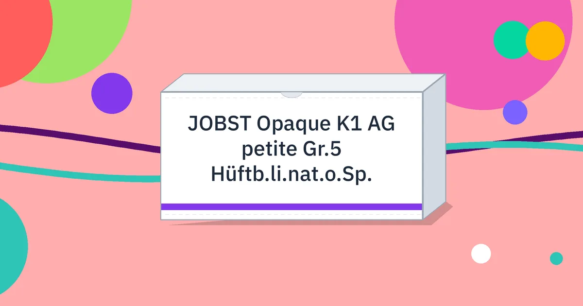 Symbolbild: Packung mit der Aufschrift JOBST Opaque K1 AG petite Gr.5 Hüftb.li.nat.o.Sp. (PZN 13098058) – Verfügbarkeit und Bezug in Apotheken in Frankfurt am Main