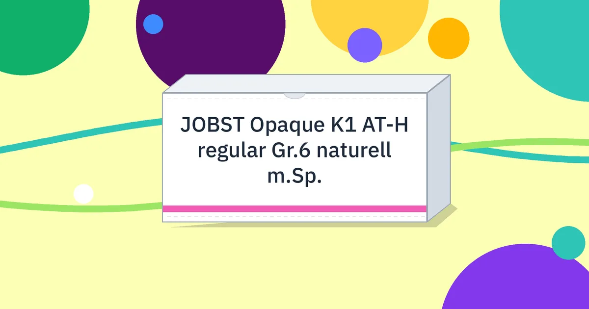 Symbolbild: Packung mit der Aufschrift JOBST Opaque K1 AT-H regular Gr.6 naturell m.Sp. (PZN 13105404) – Verfügbarkeit und Bezug in Apotheken in Frankfurt am Main